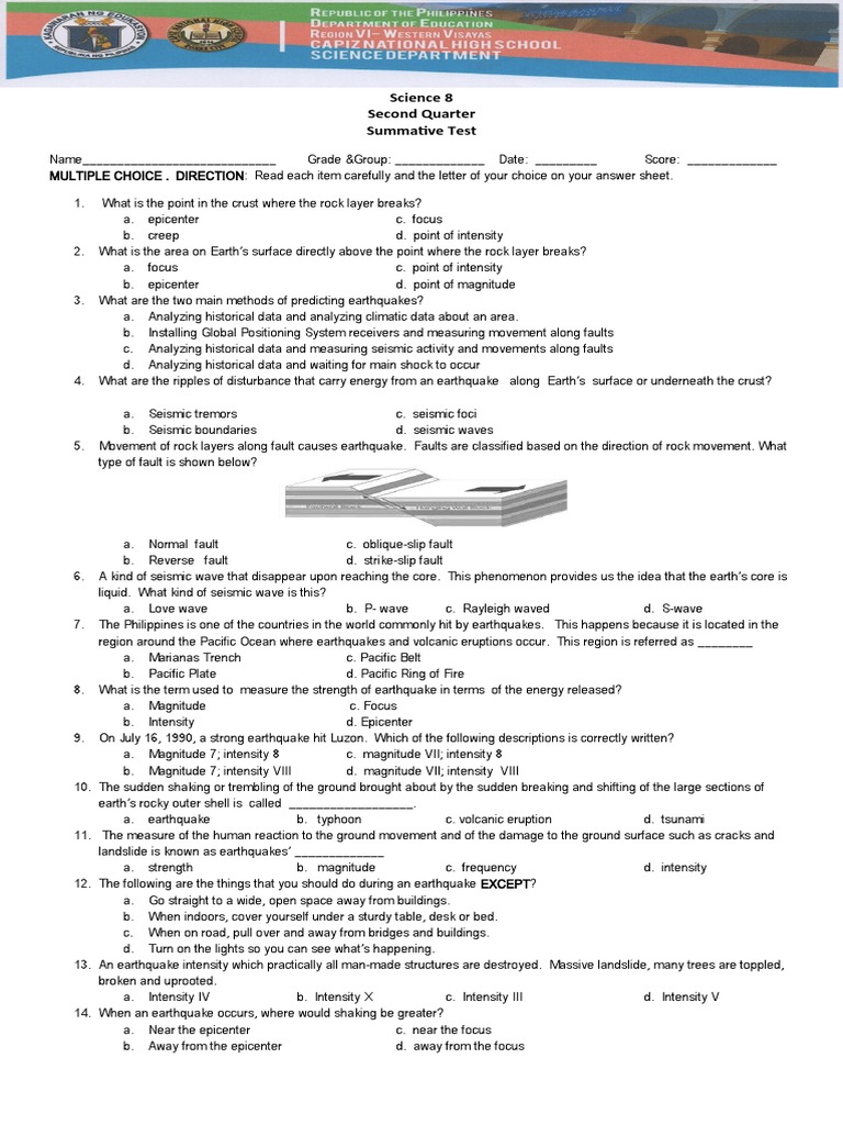 Science 8 Second QRTR Summative Test | PDF | Meteoroid | Earthquakes