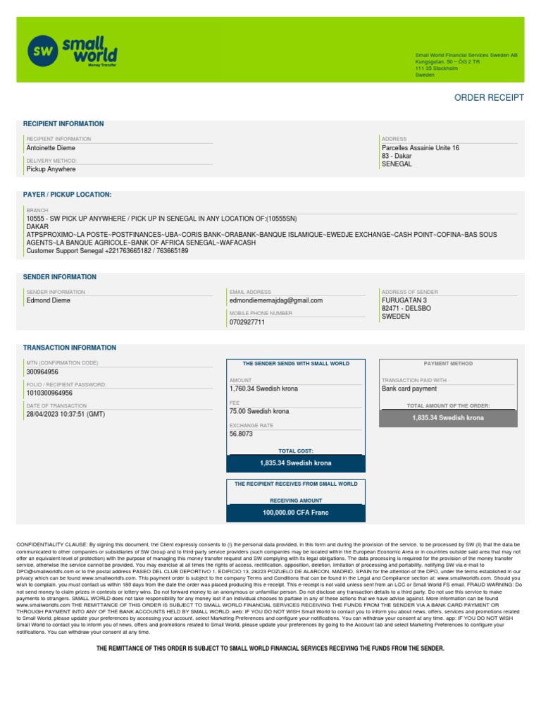 Order Receipt: Recipient Information | PDF | Wire Transfer | Business