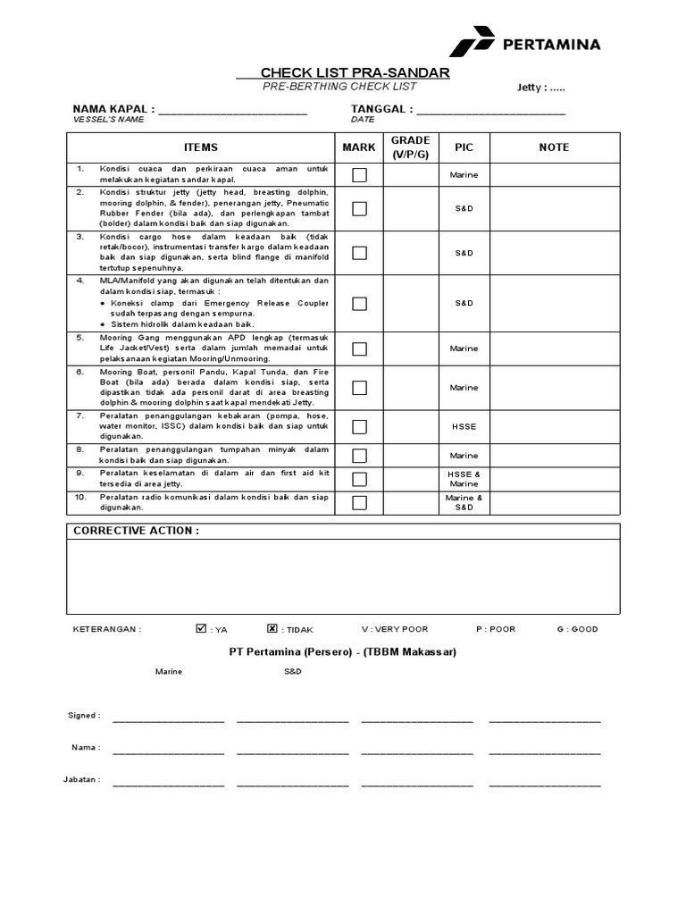 Format Check List Pra-Sandar Kapal v2 | PDF