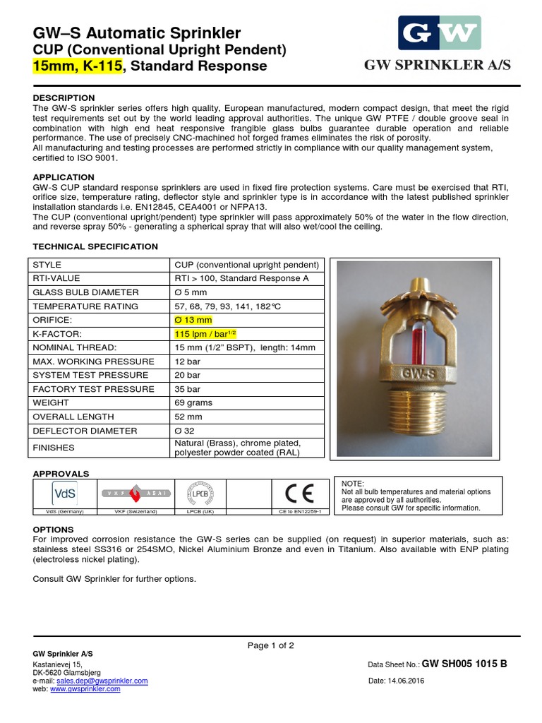 15mm K115 GW-S CUP STD (SH005 1014 B) | PDF | Fire Sprinkler System ...
