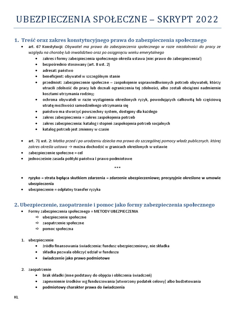 UBEZPIECZENIA SPOŁECZNE Skrypt 2022 | PDF