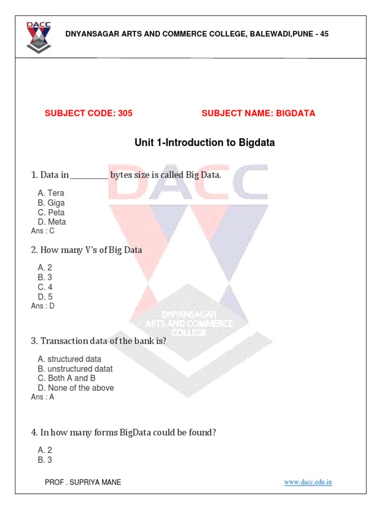 Sybca Bigdata MCQ | Download Free PDF | Machine Learning | Big Data