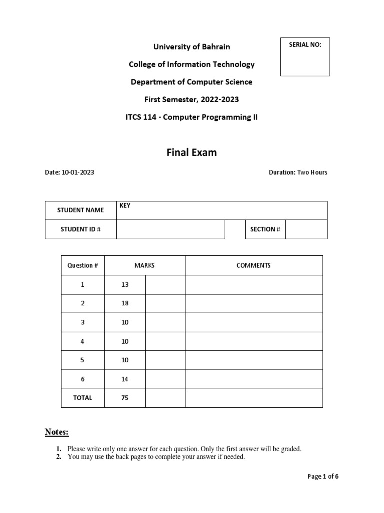 ITCS114-Final - Key | PDF | Method (Computer Programming) | Computer Science