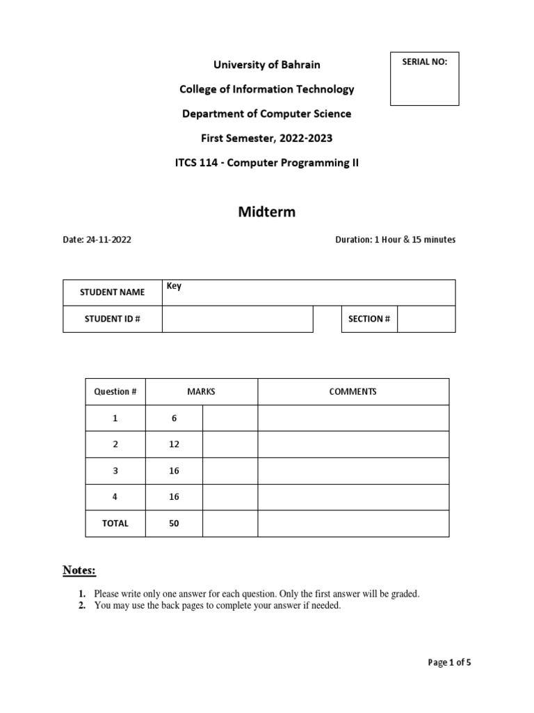 Computer Programming II Midterm Exam | PDF