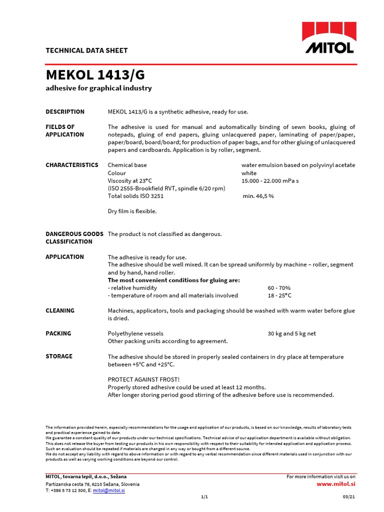 Technical Data Sheet Mekol-1413-G | PDF | Adhesive | Paper