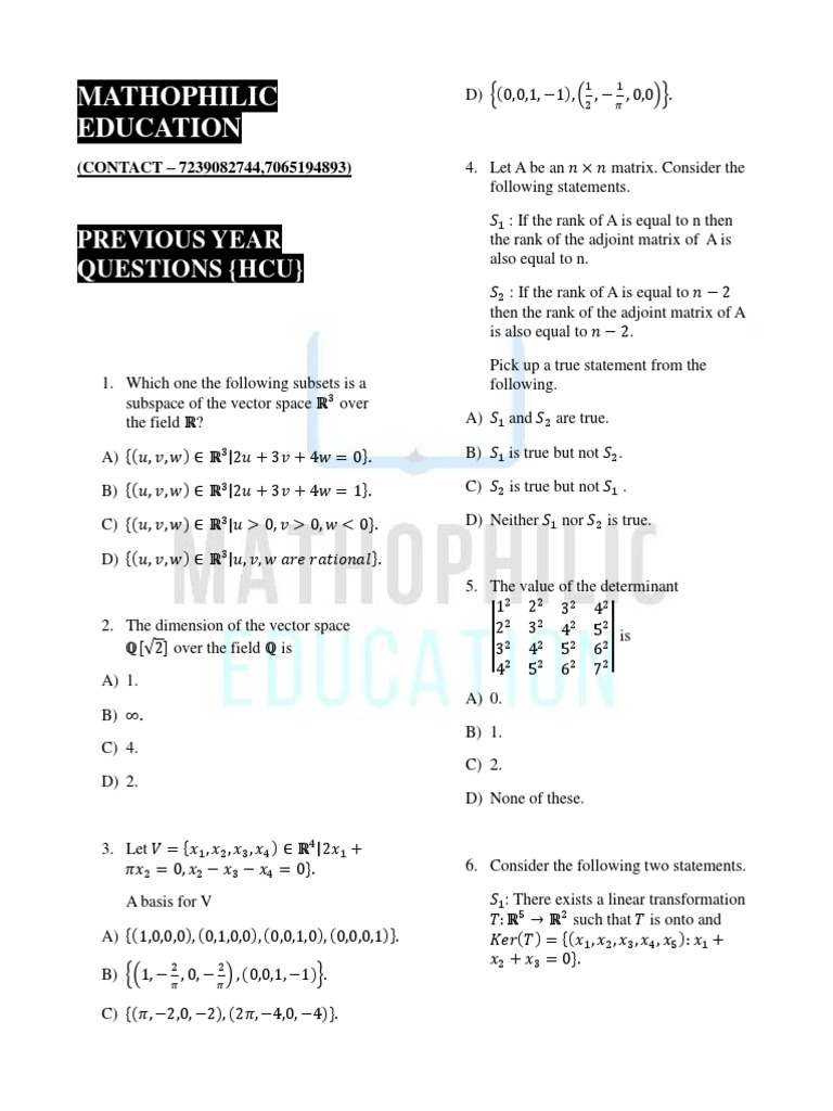Previous Year Questions 3 | PDF | Matrix (Mathematics) | Eigenvalues And Eigenvectors