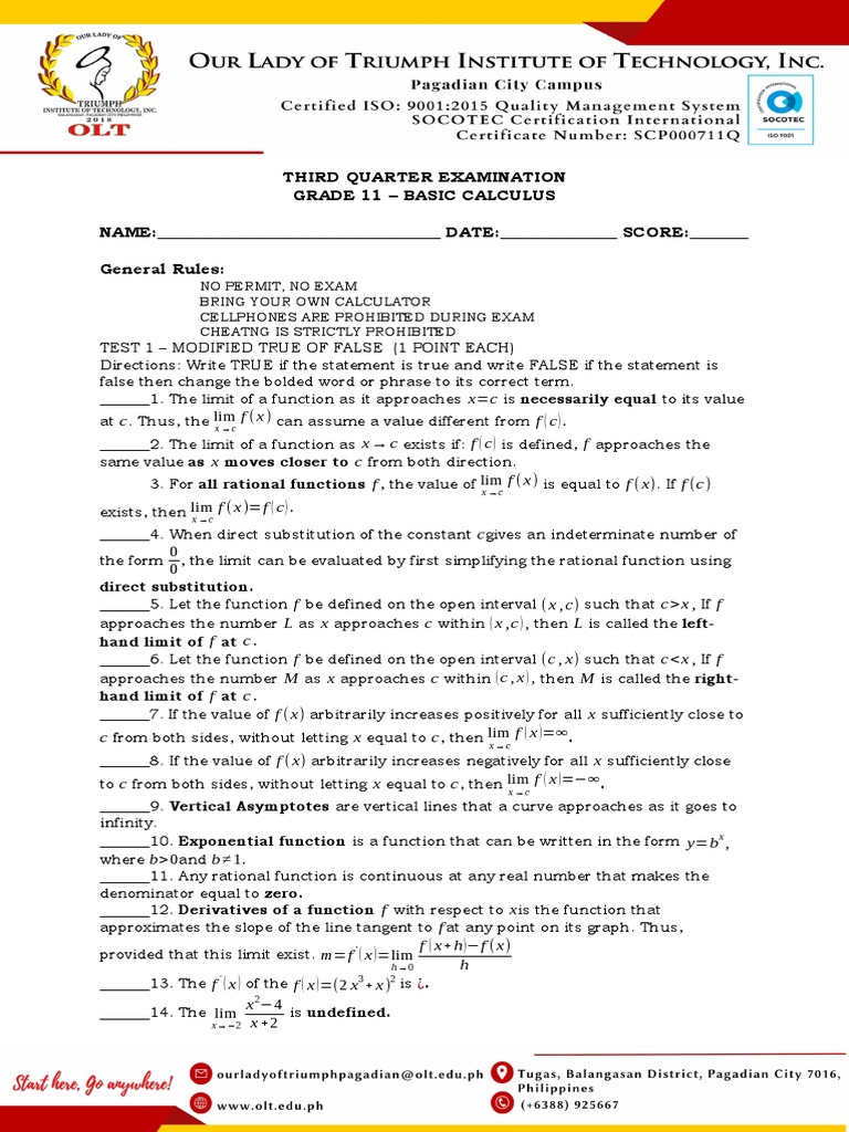Third Quarter Examination Grade 11 - Basic Calculus NAME: - DATE ...