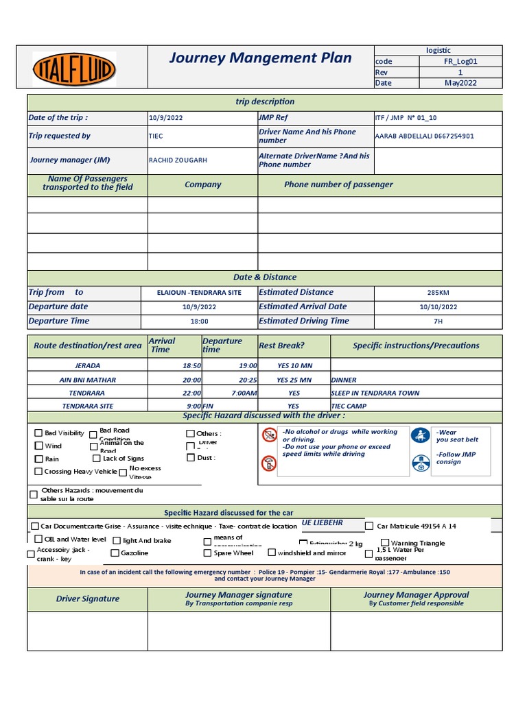 Journey Management Plan Template | PDF | Road Transport | Land Vehicles