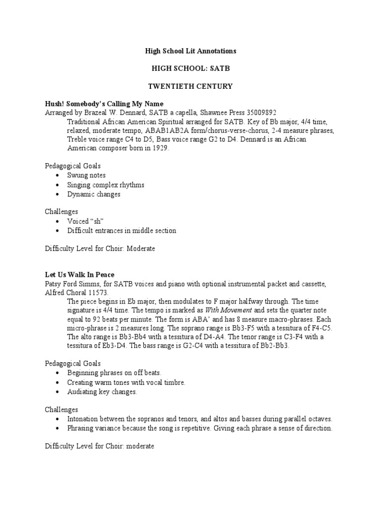 High School Lit Annotations | PDF | Choir | Clef