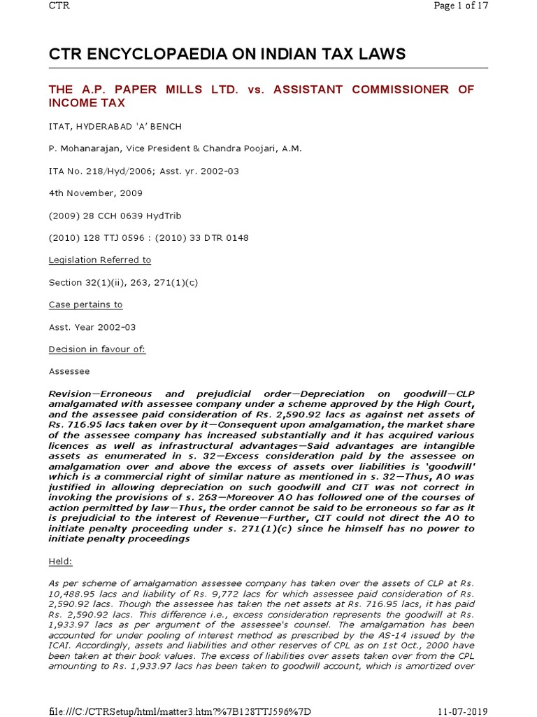 (2010) 128 TTJ 0596 The AP Paper Mills LTD | PDF | Consolidation ...