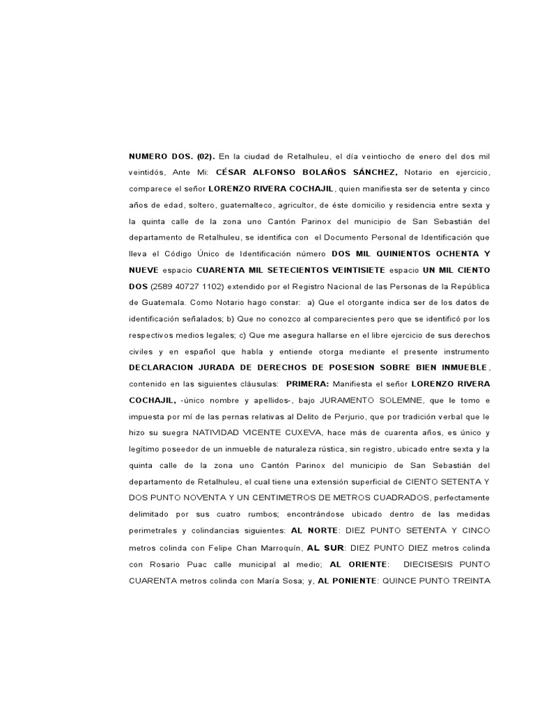 Contrato de Declaracion Jurada de Derechos de Posesion de Bien Inmueble ...