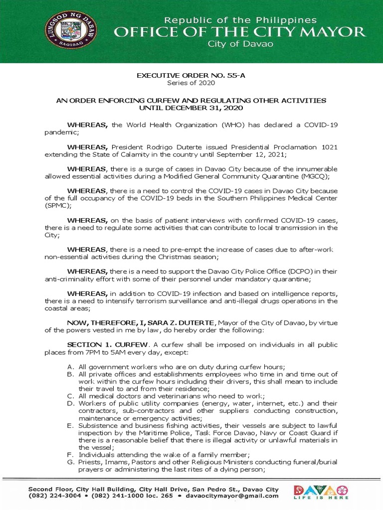 EO 55 A Curfew Addendum DS | PDF | Rodrigo Duterte | Emergency Management EO 55 A Curfew Addendum DS | PDF | Rodrigo Duterte | Emergency Management