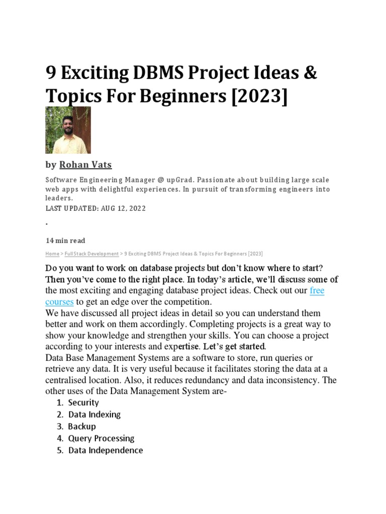 9 Exciting DBMS Project Ideas & Topics For Beginners (2023) : by Rohan Vats | PDF