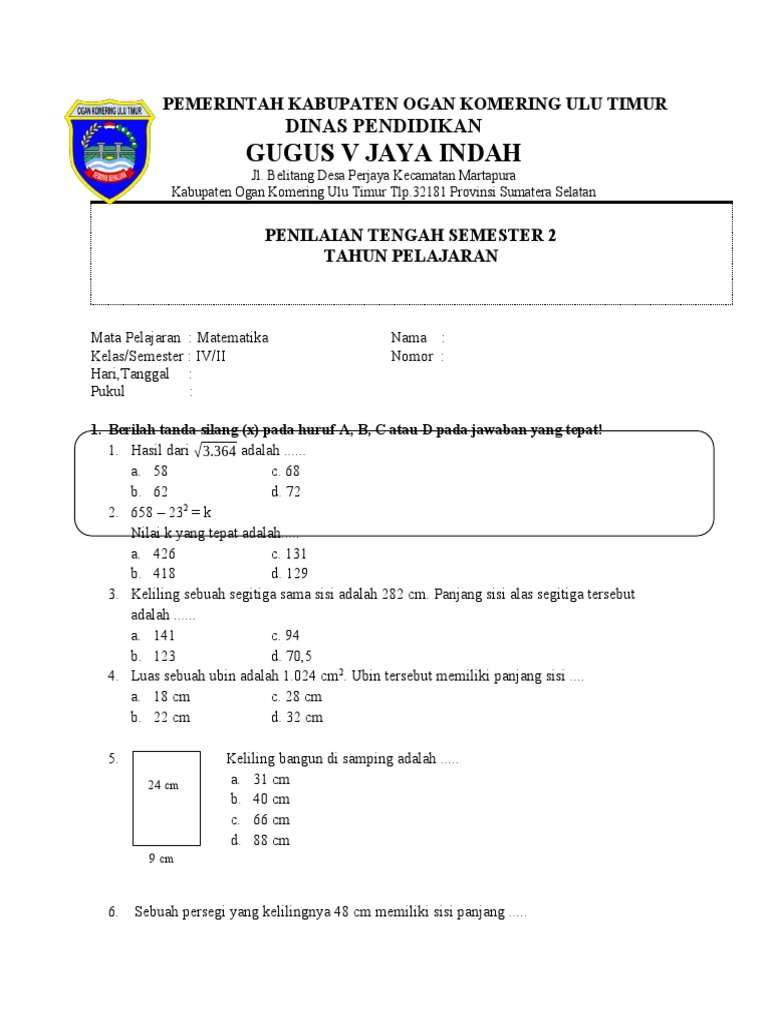 PENILAIAN TENGAH SEMESTER 2 Matematika | PDF