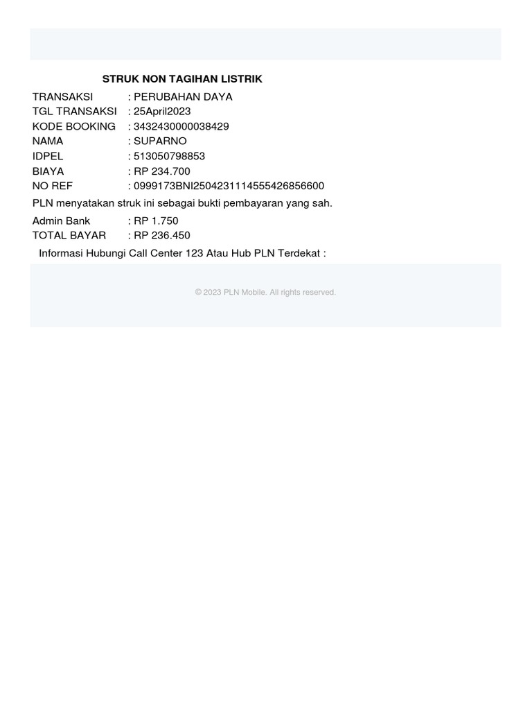 Struk Non Tagihan Listrik: © 2023 PLN Mobile. All Rights Reserved | PDF