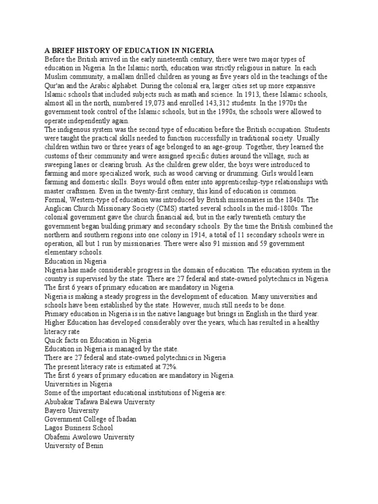 A Brief History of Education in Nigeria | PDF | Academic Degree ...