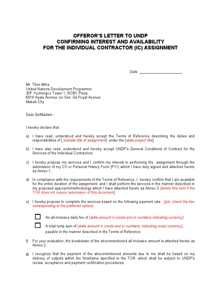 Offeror's Letter to UNDP for IC Assignment | PDF