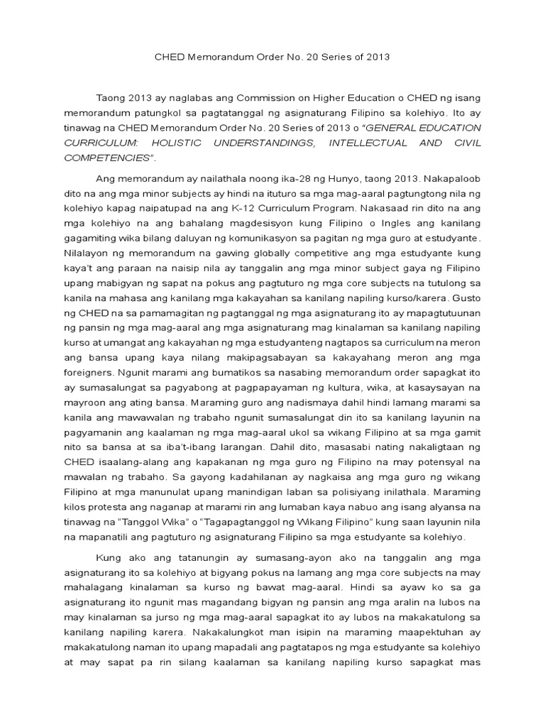 CHED Memorandum Order No. 20 Series of 2013 | PDF
