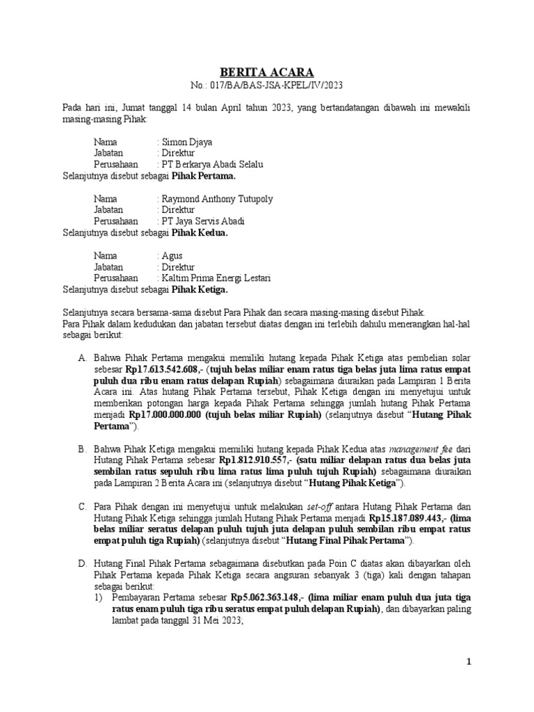 Berita Acara No 017-BA-BAS-JSA-KPEL-IV-2023 | PDF