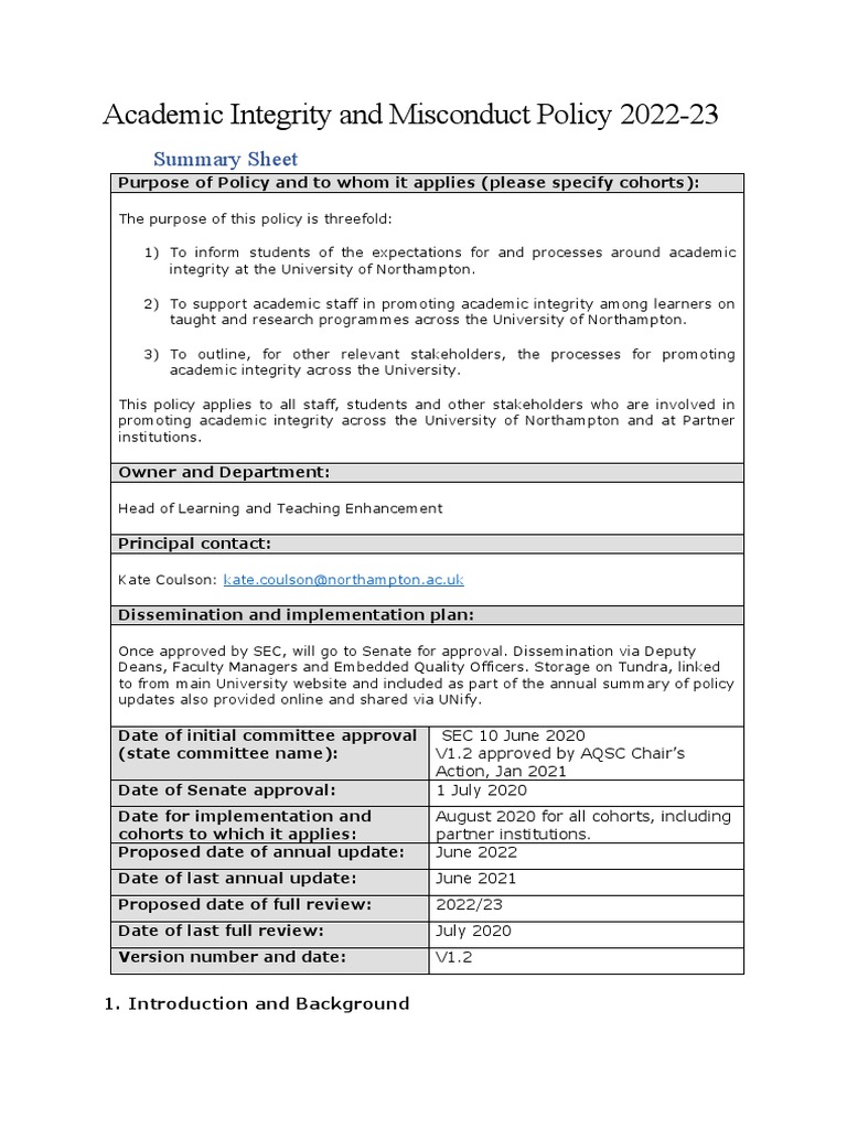 Academic Integrity and Misconduct Policy | PDF | Academic Dishonesty ...