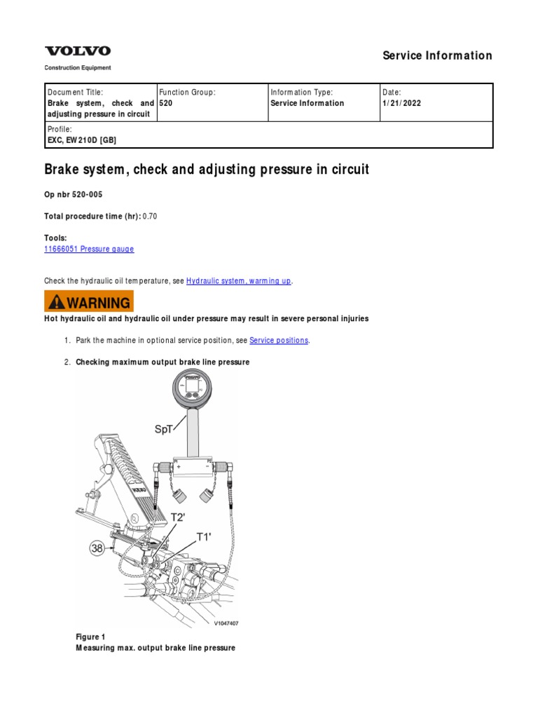 EW210D - Brake System, Check and Adjusting Pressure in Circuit | PDF | Brake | Pressure Measurement