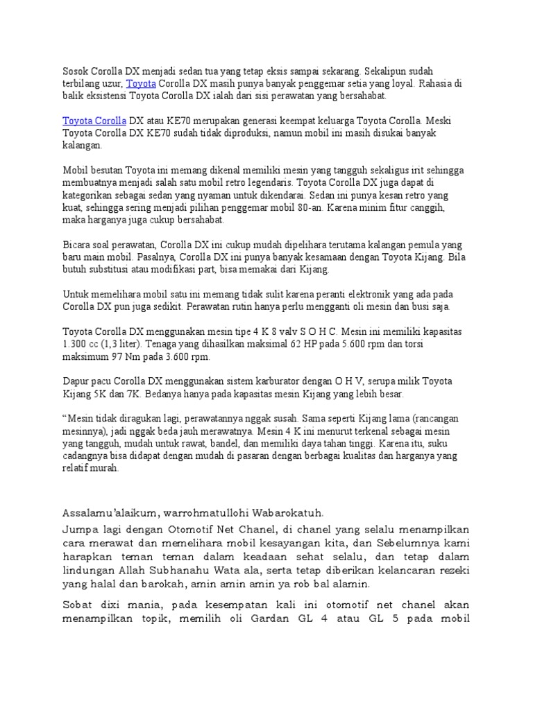Sosok Corolla DX Menjadi Sedan Tua Yang Tetap Eksis Sampai Sekarang | PDF
