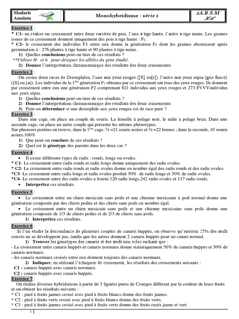 Exercices corrigés sur le monohybridisme | PDF | Dominance (Génétique ...
