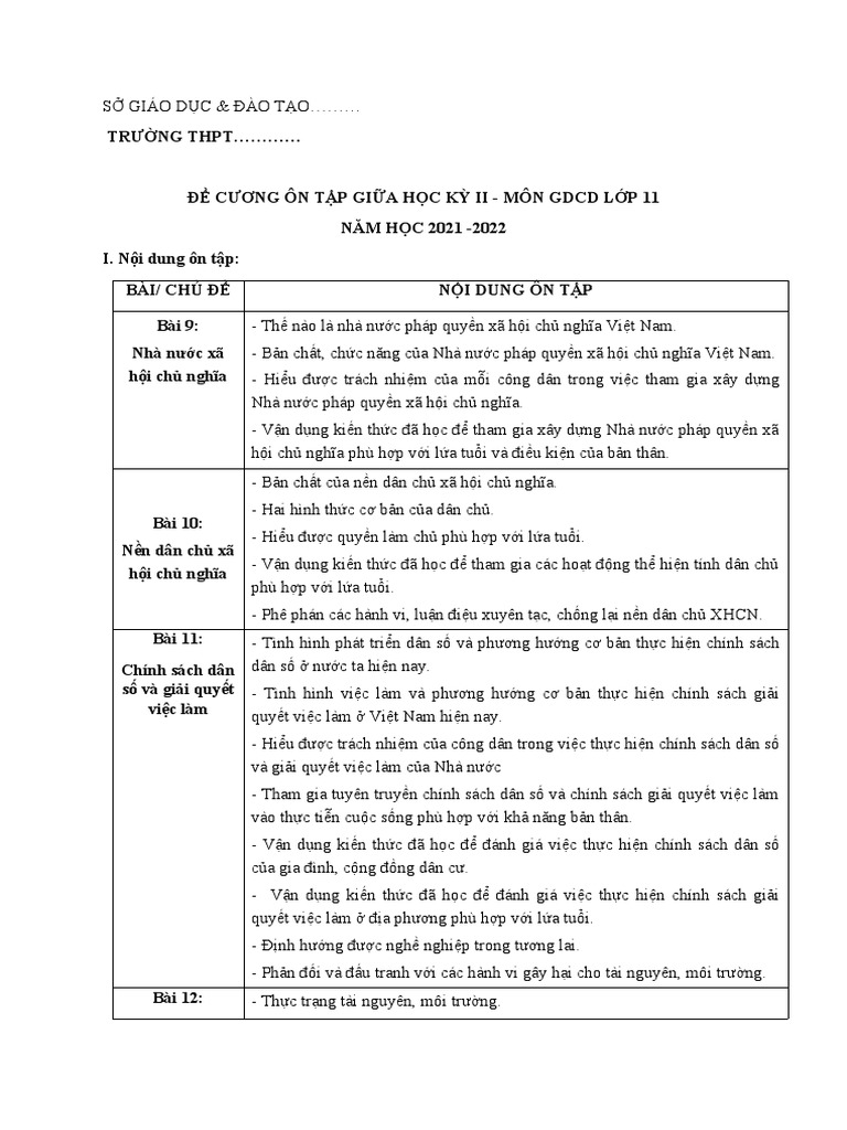 De Cuong On Thi Giua Hoc Ki 2 Mon GDCD 11 | PDF