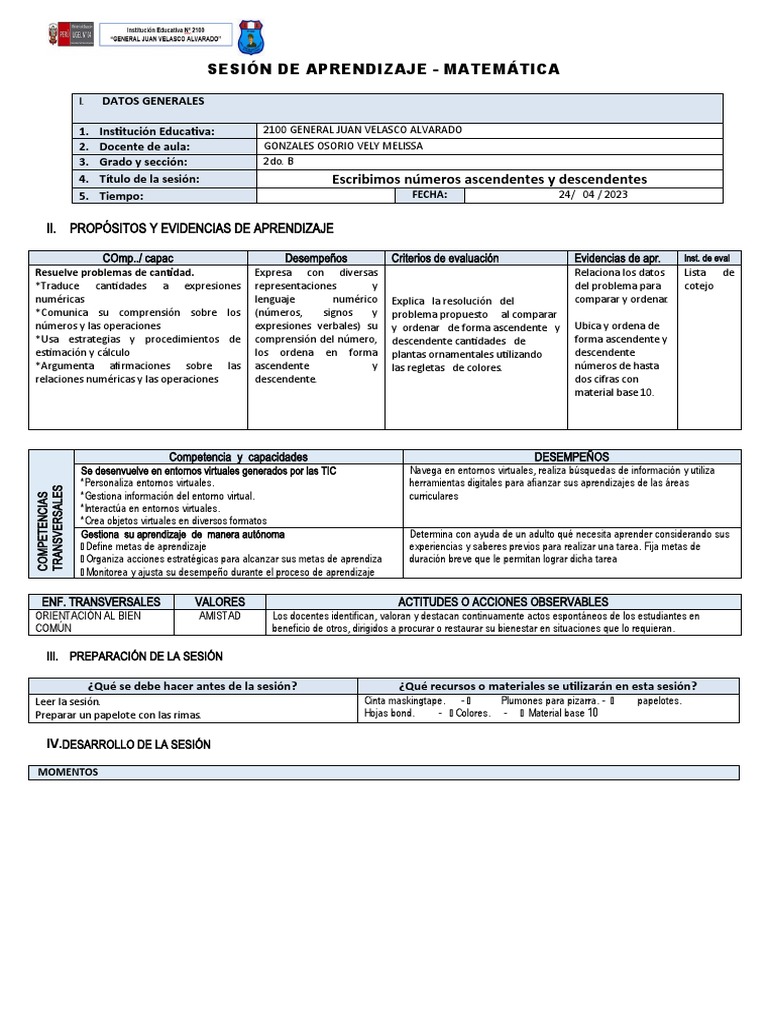 Números Ascendentes y Descendentes | PDF | Aprendizaje