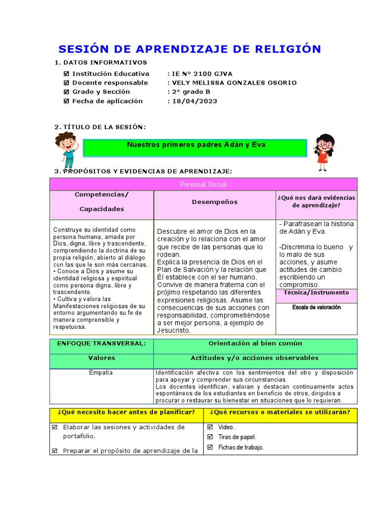 Sesion de Religion de Adan y Eva | PDF | Amor | Aprendizaje