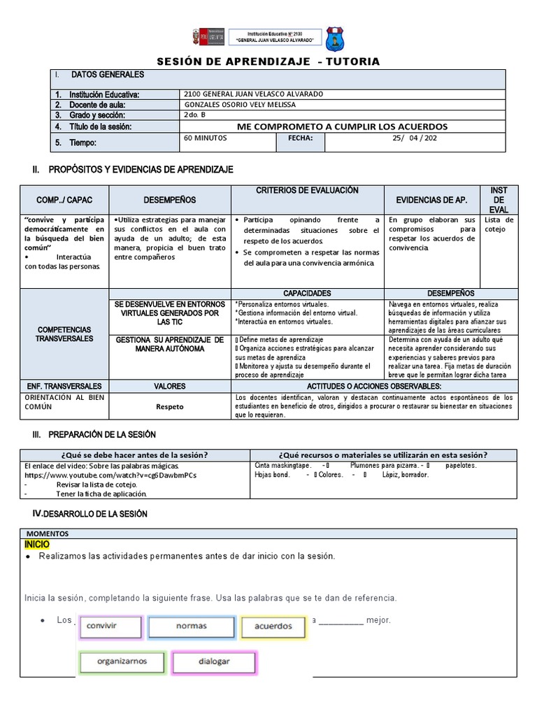Sesion de Tutoria Respetamos Las Normas de Convivencia | PDF | Salón de clases | Aprendizaje