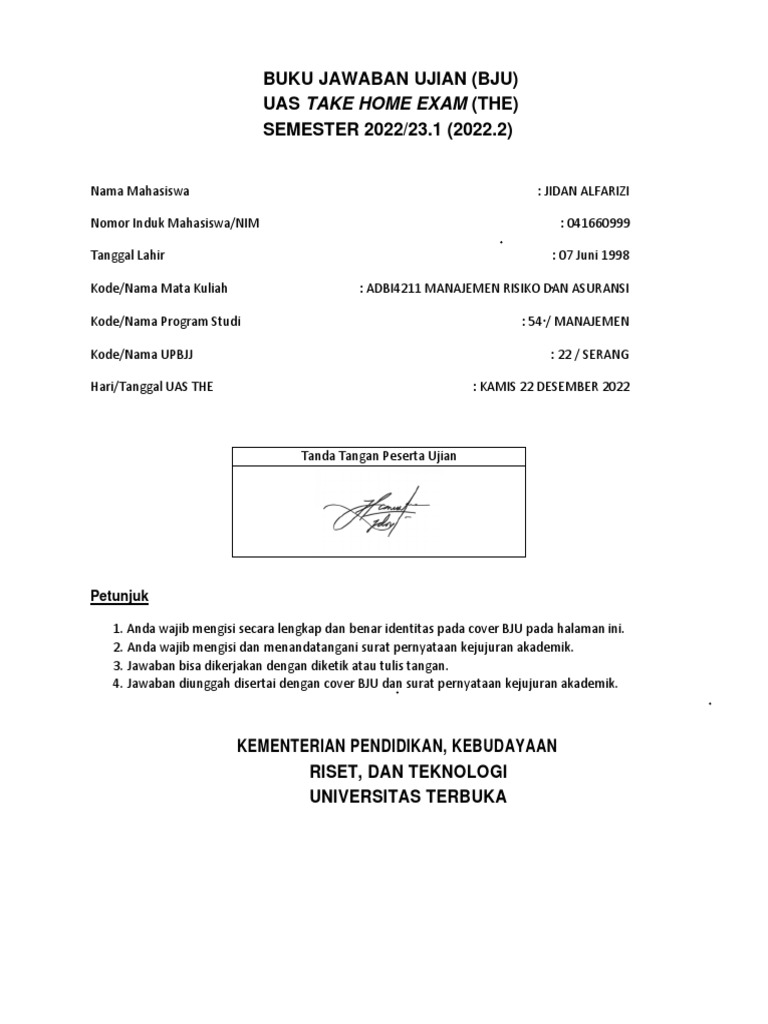 Jawaban Uas Manajemen Risiko Dan Asuransi (Adbi4211) | PDF
