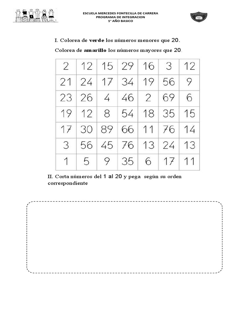 I. Colorea de Verde Los Números Menores Que 20. Colorea de Amarillo Los ...