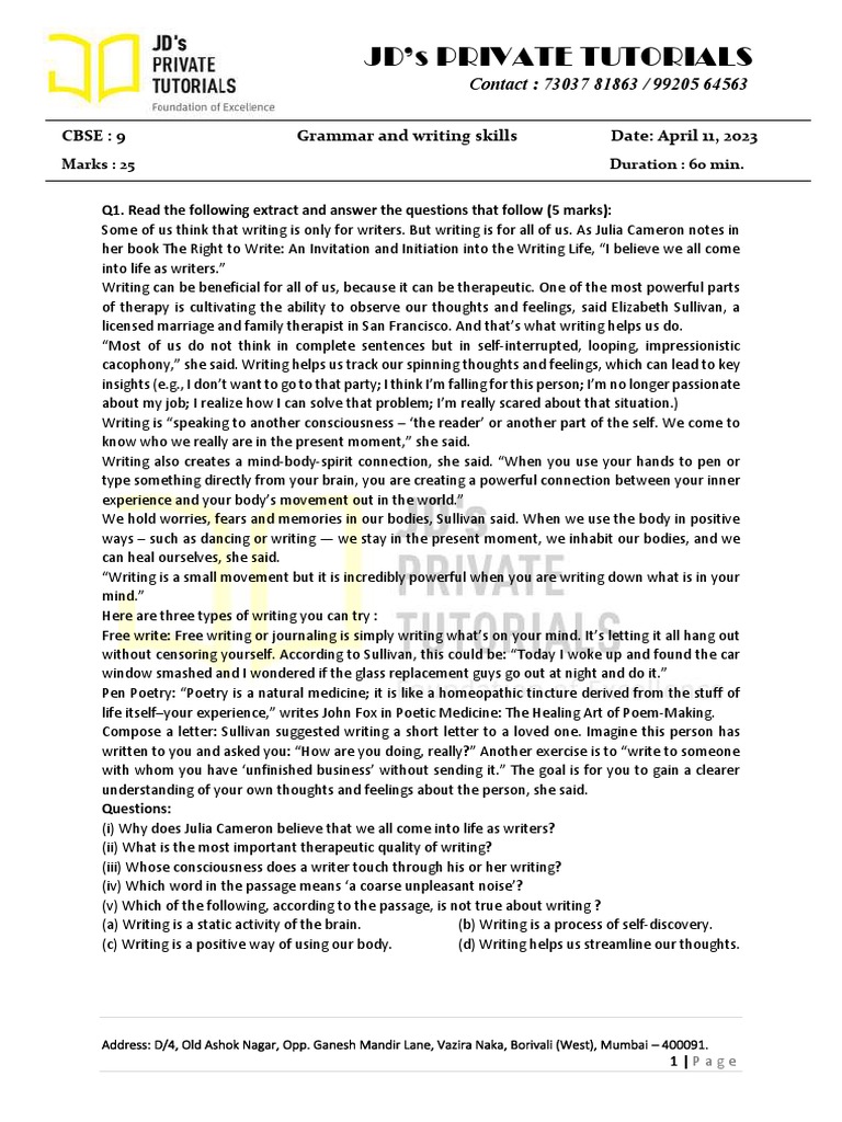 CBSE Class 9 Writing Skills Test | PDF | Thought | Mind