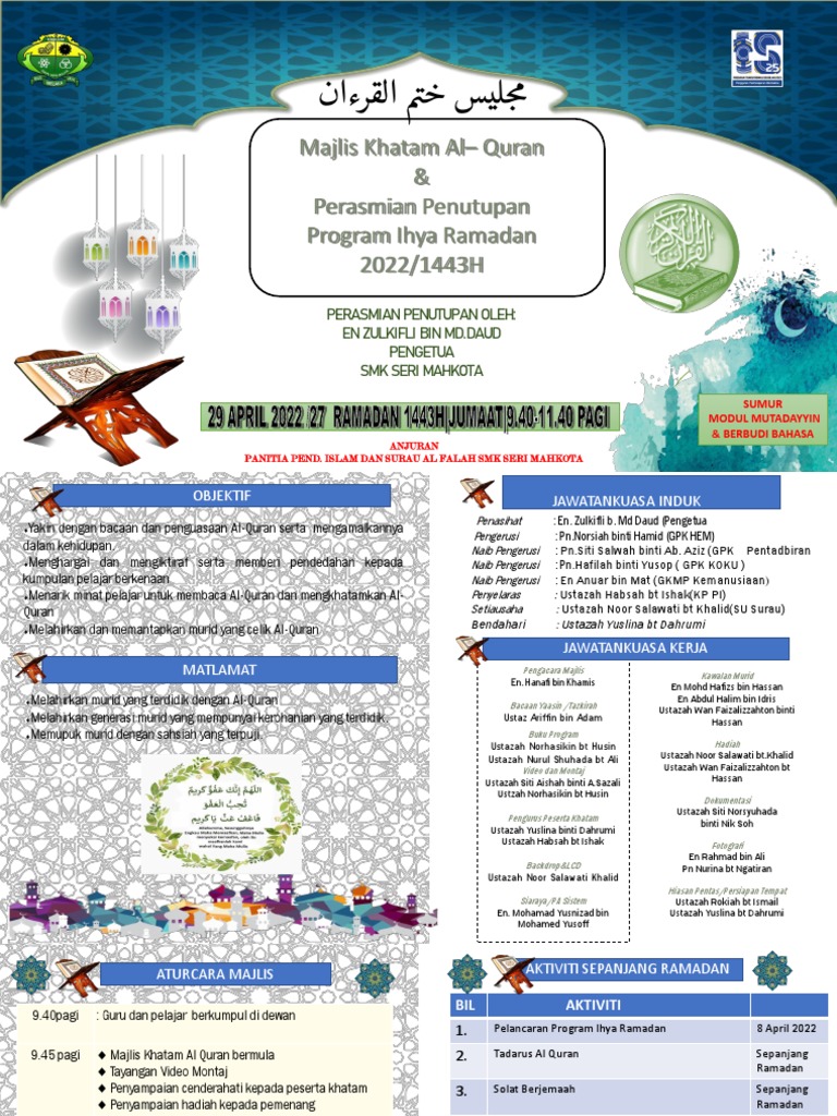 Buku Program Majlis Khatam Dan Penutupan Ihya Ramadan SMKSM 2022 | PDF