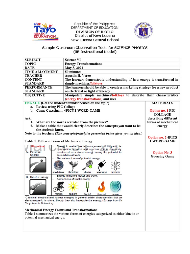 Lesson 7a Sample COT Physics | PDF | Kinetic Energy | Potential Energy