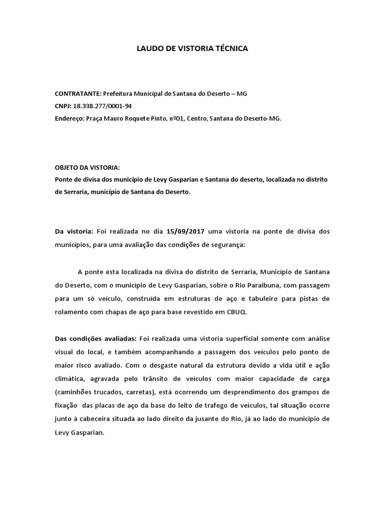 Laudo de Vistoria da Ponte em Santana do Deserto | PDF