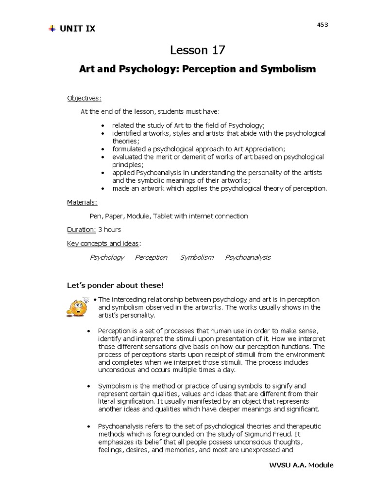 UNIT IX LESSON 17 Art and Psychology Perception and Symbolism | PDF ...
