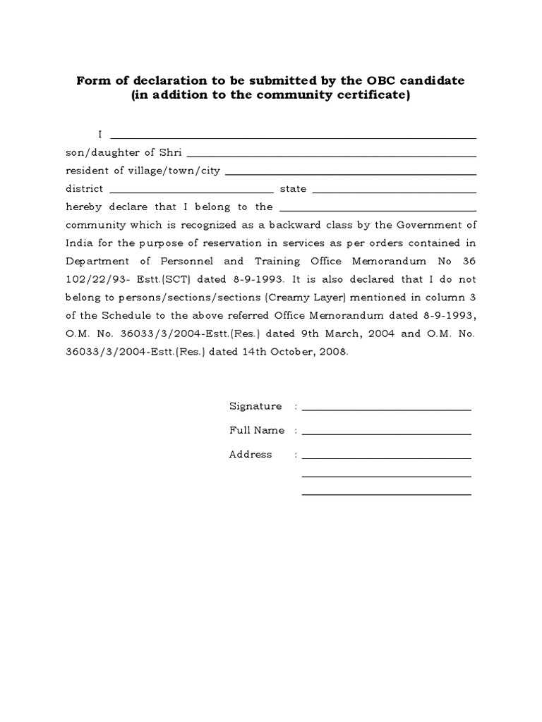 Form of Declaration To Be Submitted by The OBC Candidate (In Addition ...