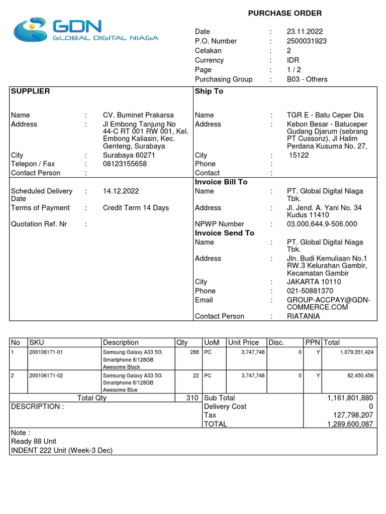 Purchase Order: 1 200106171-01 Samsung Galaxy A33 5G Smartphone 8/128GB ...