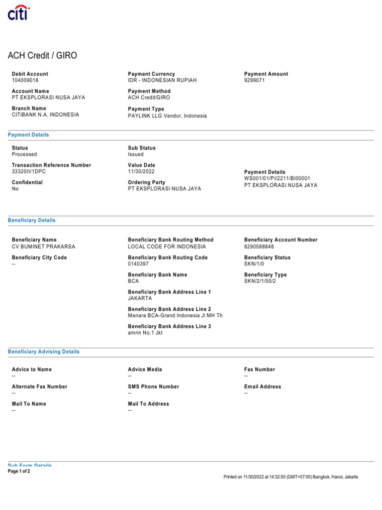 ACH Credit / GIRO: Payment Details | PDF | Banking Technology ...