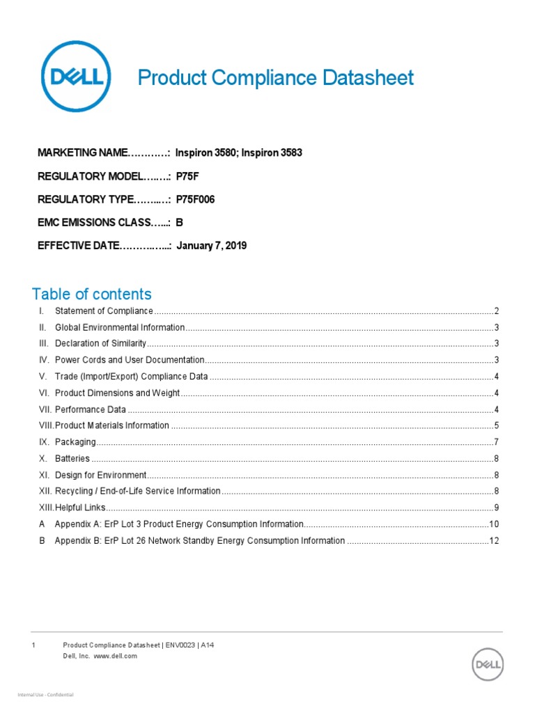 Dell Inspiron 3583 p75f p75f006 Dell Regulatory and Environmental Datasheet En-Us | PDF ...