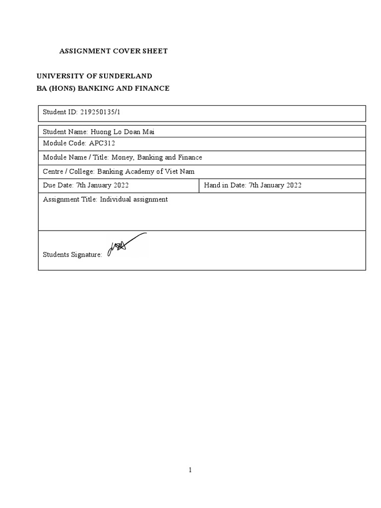 Assignment Cover Sheet University of Sunderland Ba (Hons) Banking and ...