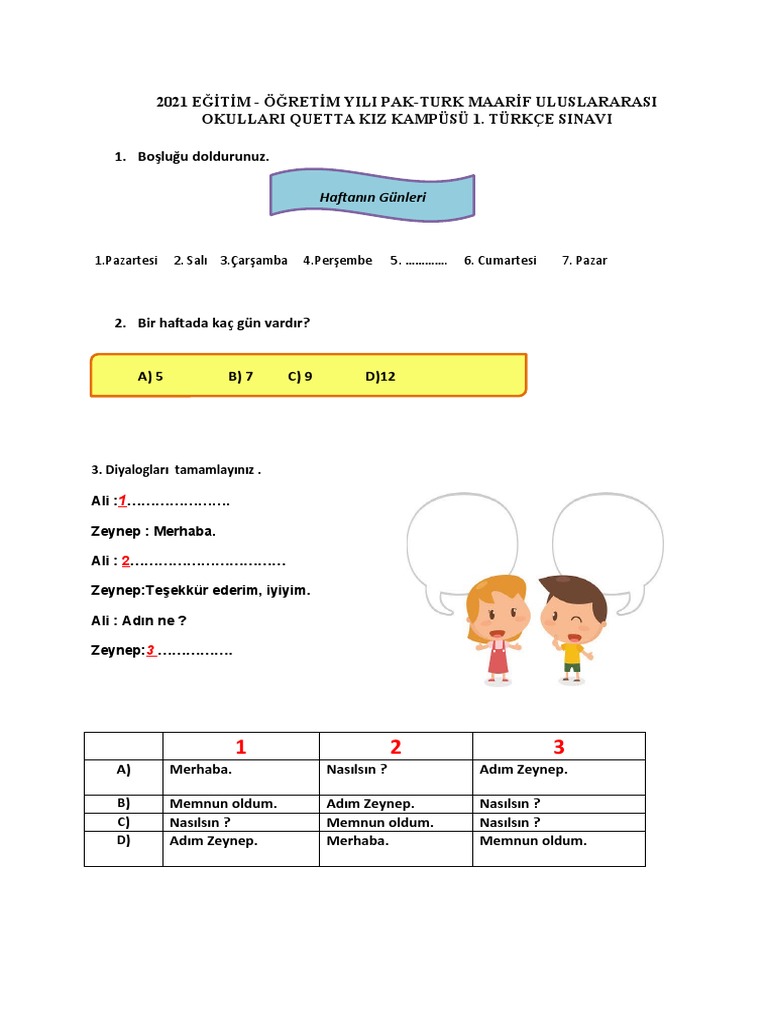 Grade 7th Turkish Test | PDF