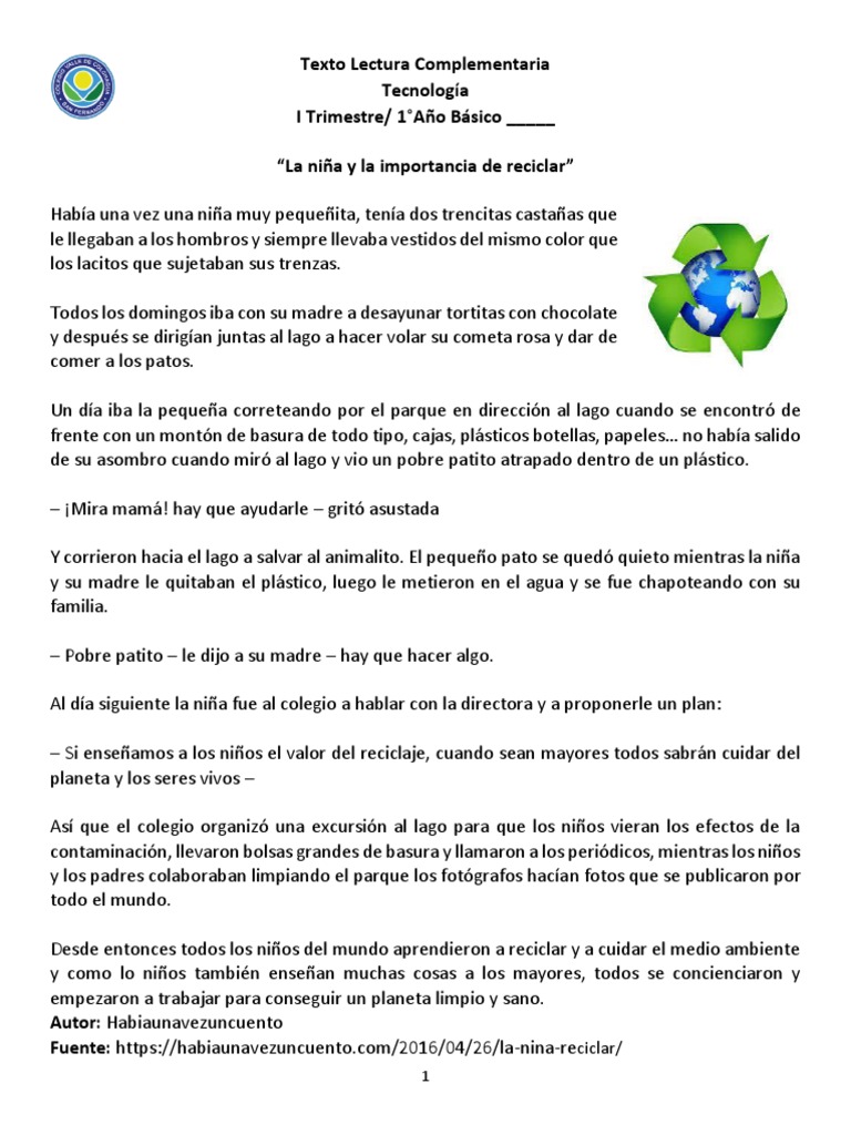 La Niña y La Importancia de Reciclar 1 Básico Tecn | PDF