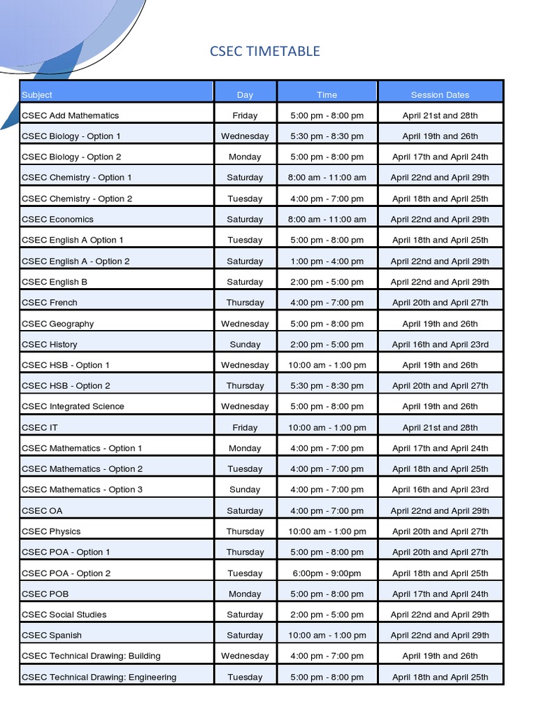 Csec Timetable: Subject Day Time Session Dates | PDF