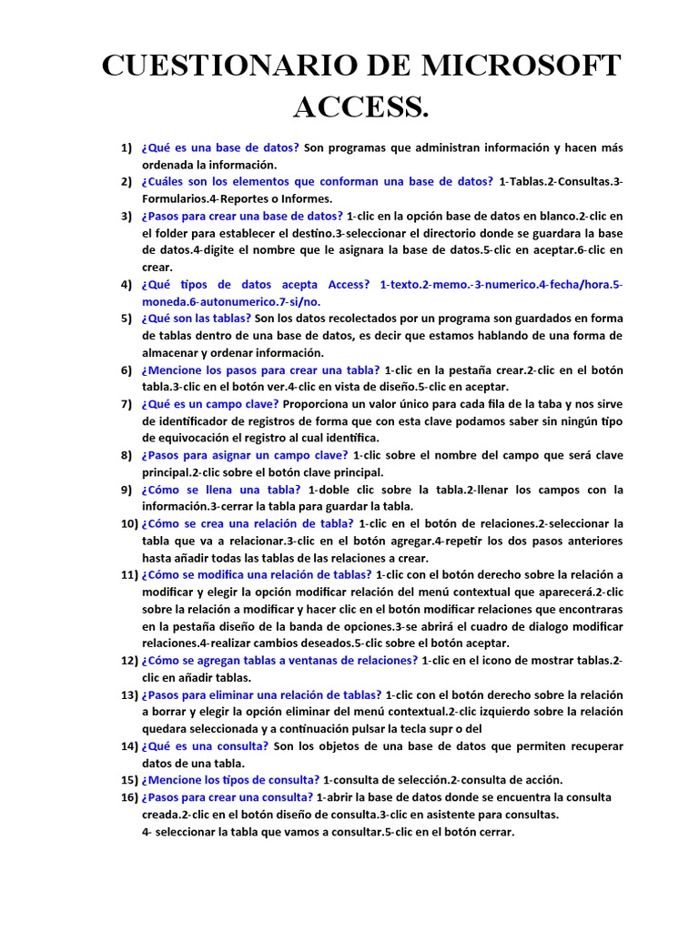 Cuestionario Access | PDF | Bases de datos | Ventana (informática)