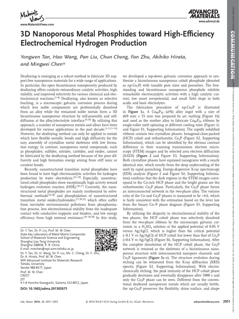 Advanced Materials - 2016 - Tan - 3D Nanoporous Metal Phosphides Toward ...