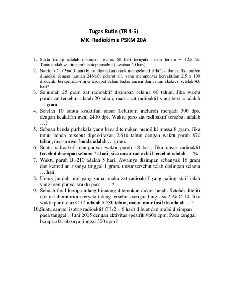 Tugas Rutin (TR 4-5) MK: Radiokimia PSKM 20A | PDF