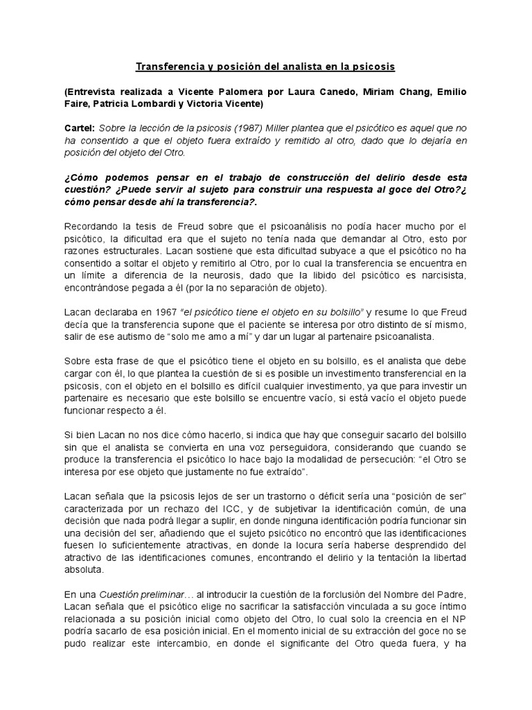 Transferencia y Posición Del Analista en La Psicosis | PDF Transferencia y Posición Del Analista en La Psicosis | PDF